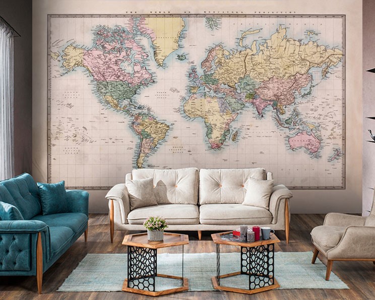 wereldkaart muurposter op betonnen muur 3D-behangen | 3D-achtergronden